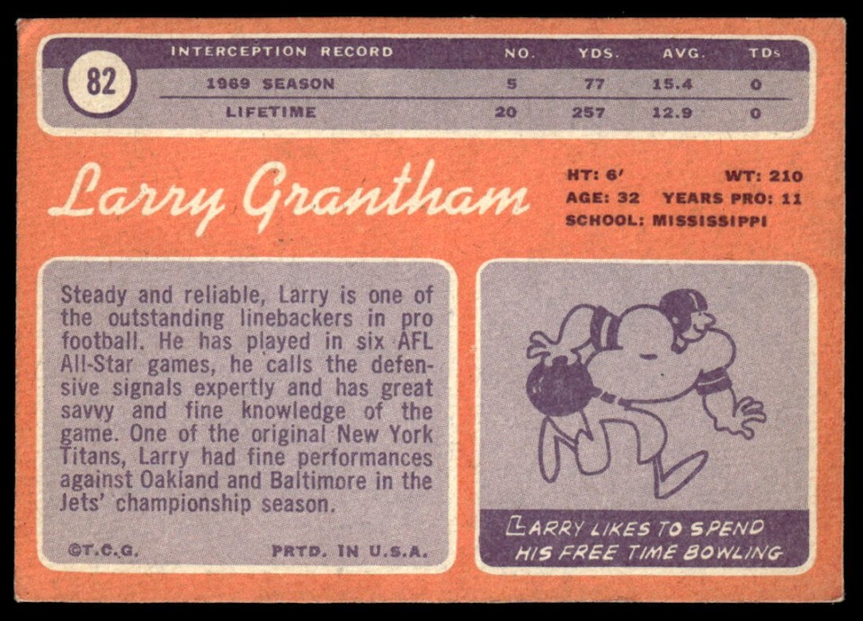 1970 Topps #82 Larry Grantham Football New York Jets | eBay