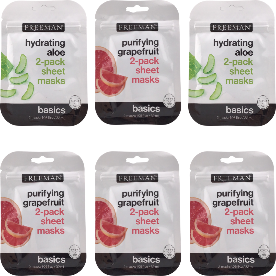6 Pack Freeman Basics 2 Sheet Masks Hydrating Aloe Purifying Grapefruit ...