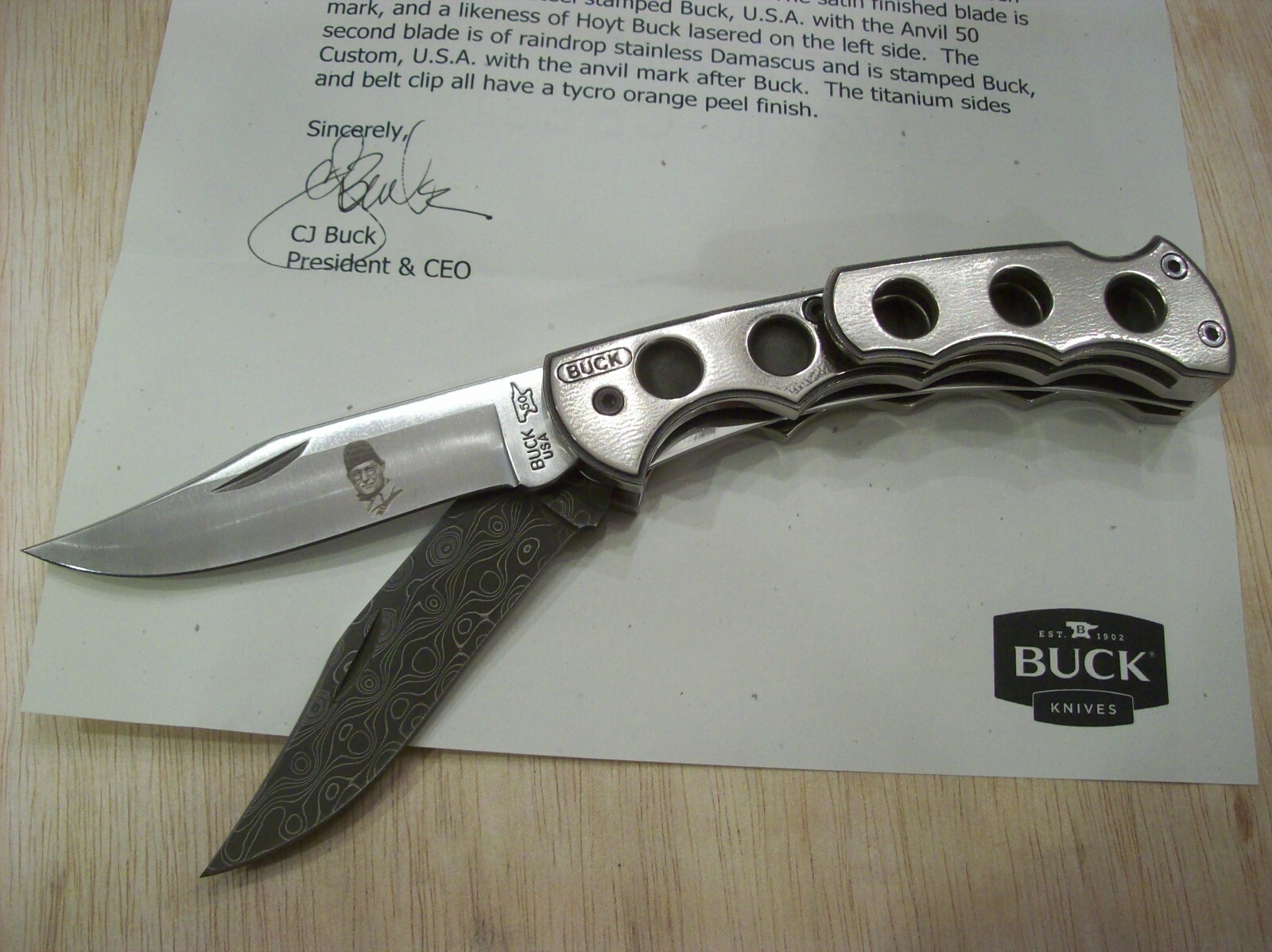 RARE CUSTOM BUCK KNIFE 186 TITANIUM DUAL BLADED 1 of 1 DAMASCUS By "Joe ...