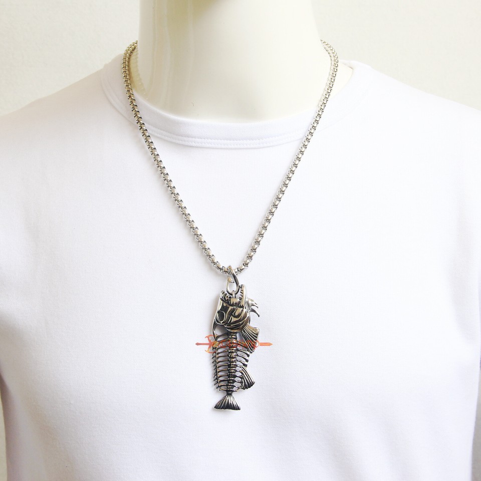 Men's Large Stainless Steel Fish Bone Skeleton Biker Punk Skull Pendant ...