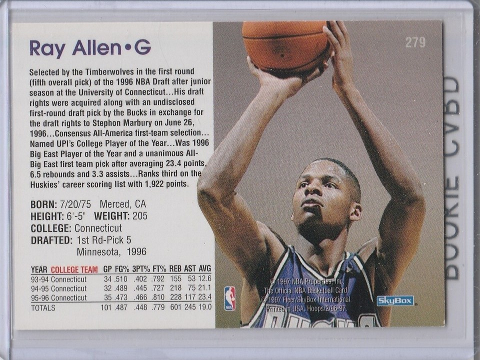 RAY ALLEN ROOKIE CARD 1996/97 NBA Hoops Basketball RC Milwaukee Bucks ...