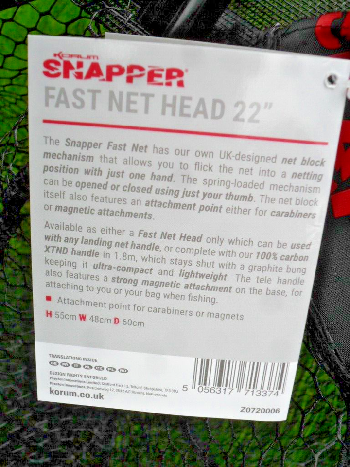 Korum Snapper Fast Net Head 22" Rubber Landing Net Pike Carp Fishing ...