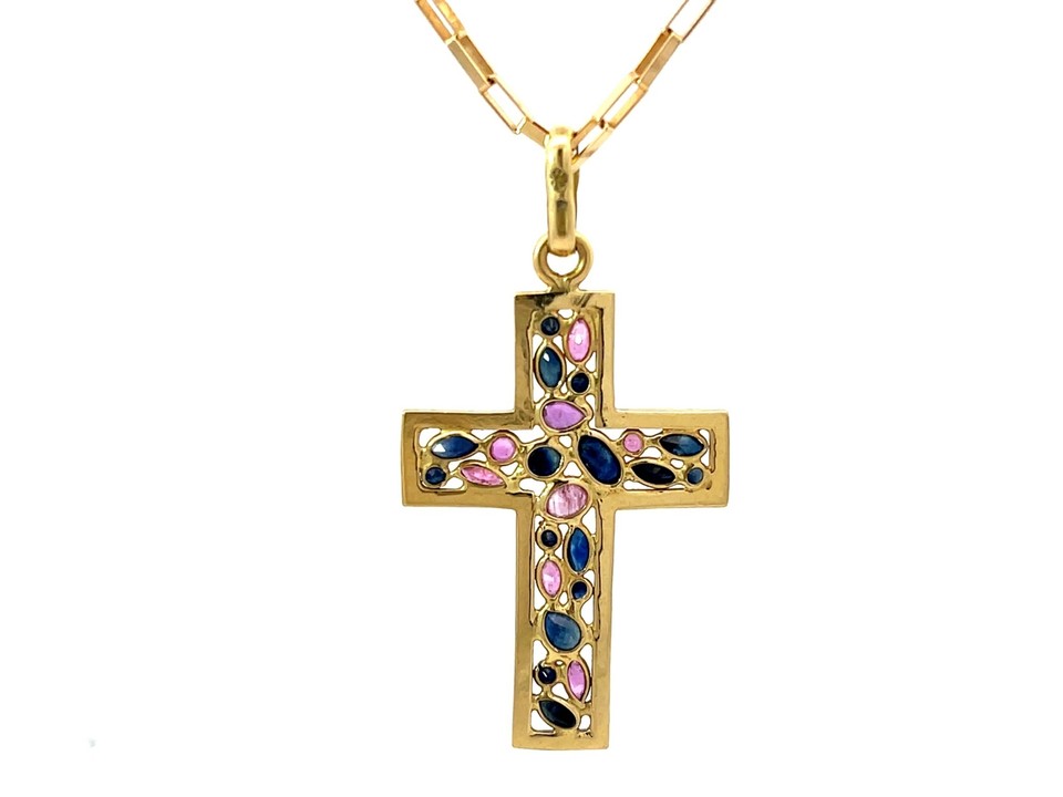 Sapphire Ruby Cross Pendant and Chain Solid 18k Yellow Gold | eBay