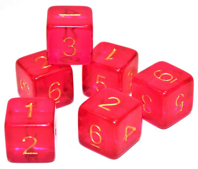 New Set of 6 Numbered D6 Six Sided Standard 16mm Dice - Translucent ...