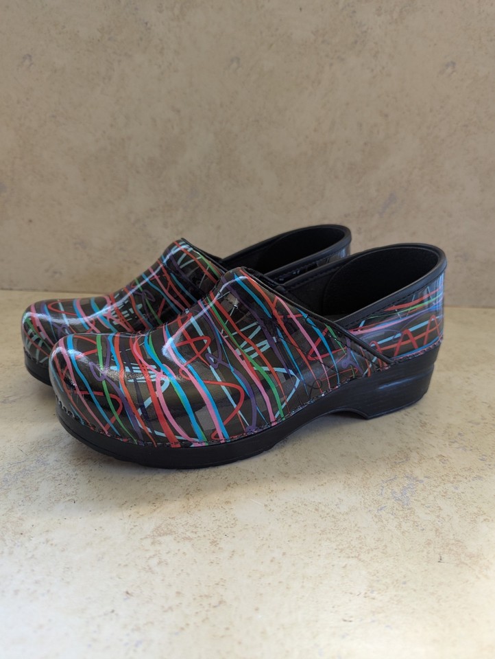 Dansko 41 Patent Leather Clogs Multicolor Splatter Swirl *New Without ...