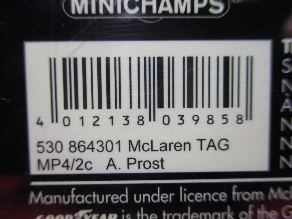 1:43 Scale Alain Prost 1986 McLaren TAG MP4/2C British GP Minichamps ...