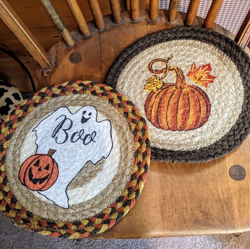 Harvest Pumpkin & Ghost 11" Round Trivet Braided Jute, Fall Autumn ...