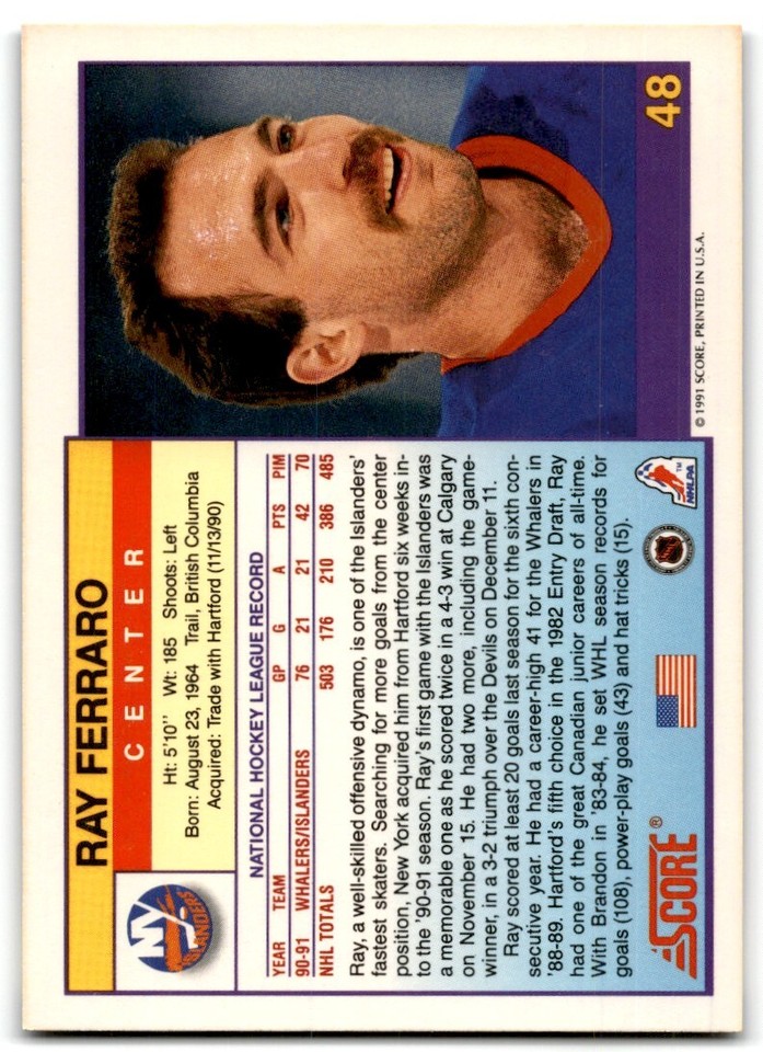 1991-92 Score Ray Ferraro New York Islanders #48 | eBay