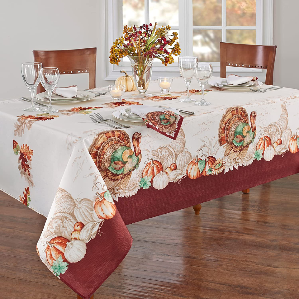 Elrene Home Fashions Holiday Turkey Bordered Fall Tablecloth, Dining ...