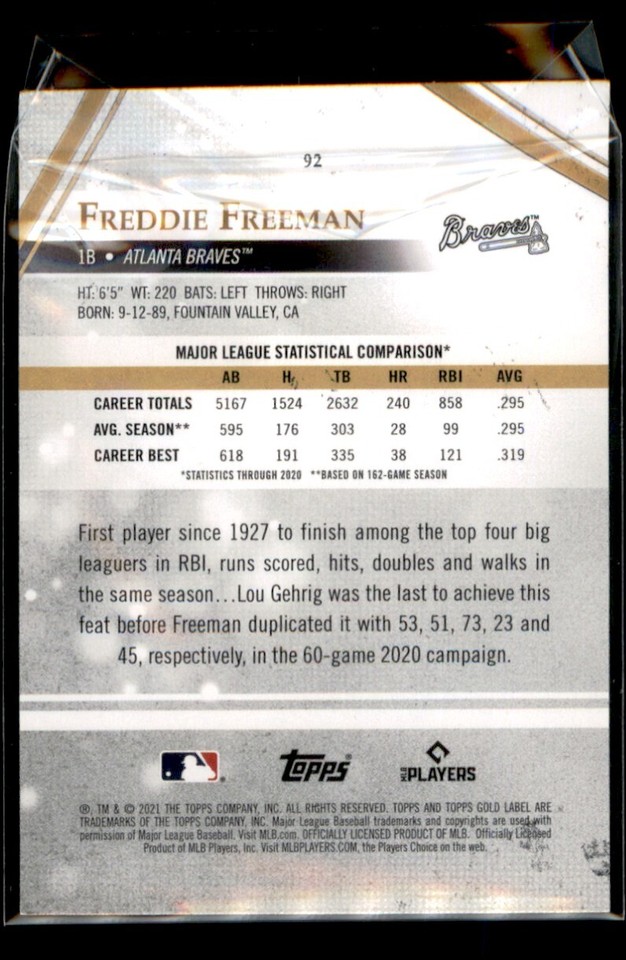 2021 TOPPS GOLD LABEL CLASS FREDDIE FREEMAN ATLANTA BRAVES #92 | eBay