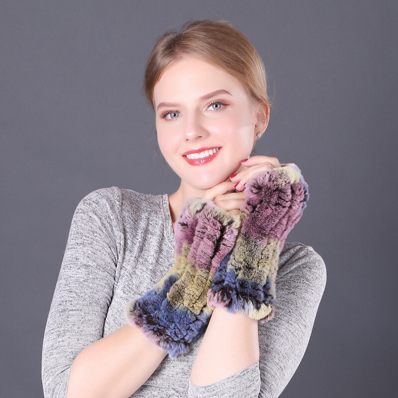 Womens Real Rabbit Rex Fur Knitted Fingerless Elastic Gloves Wrist Warm ...
