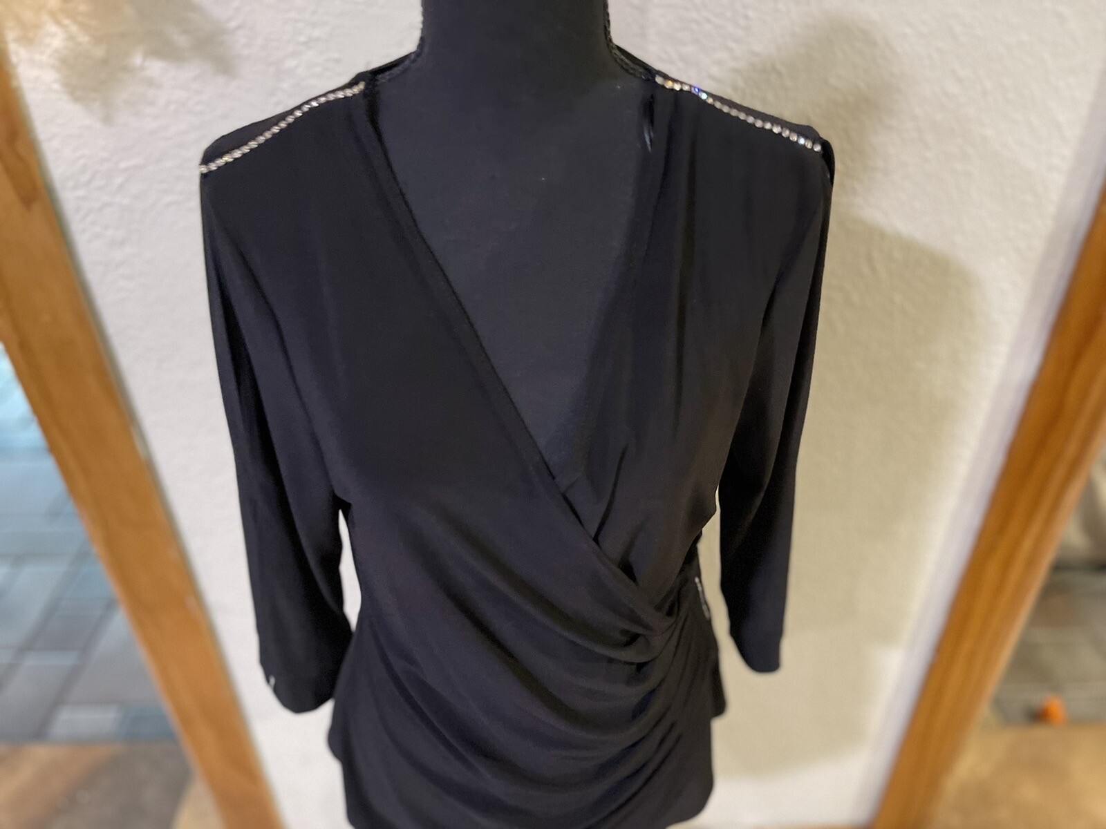 Women's R&M Richards V Neck Spilt Sleeves Black Blouse with Jewels sz ...