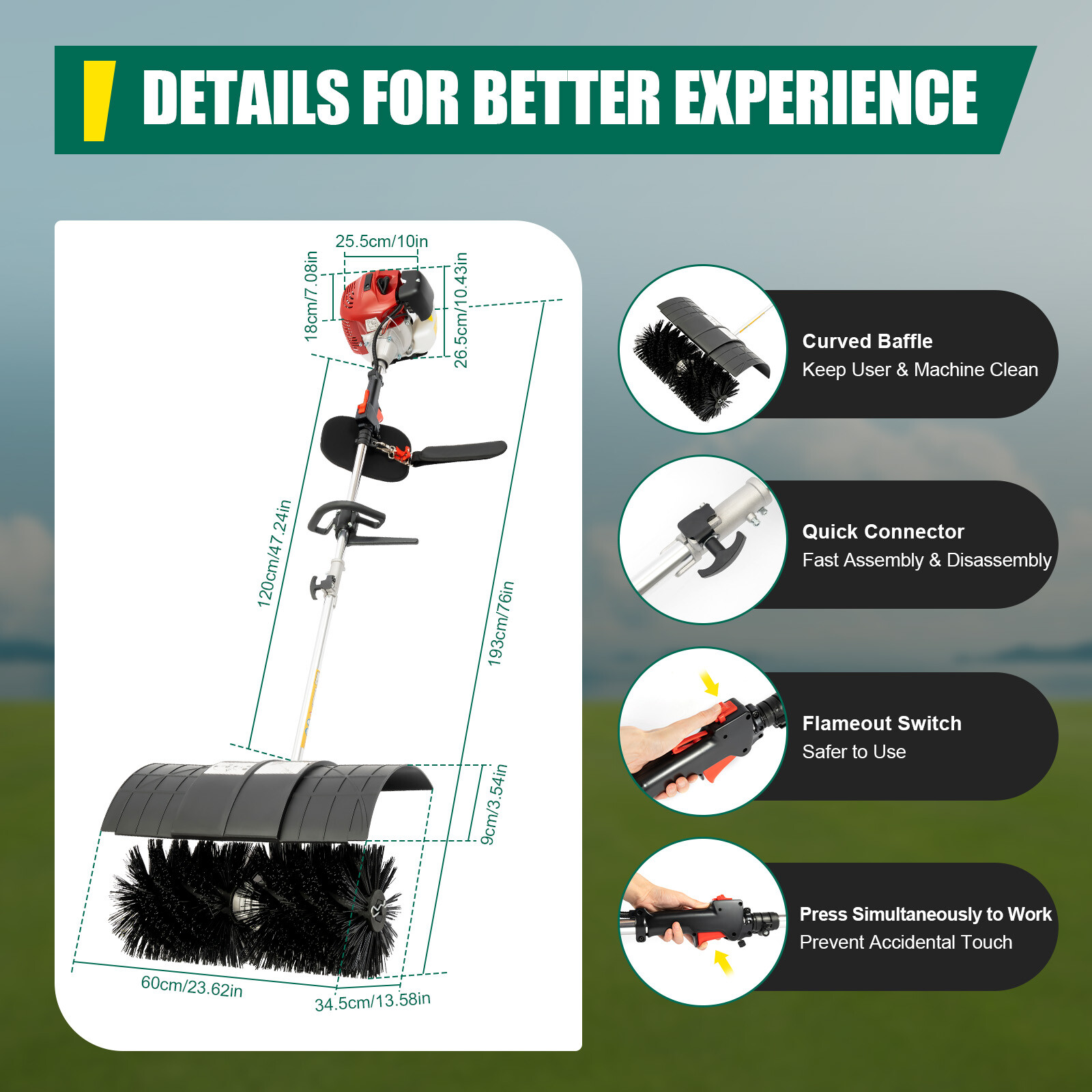 52cc Handheld Gas Power Broom Walk Behind Sweeper 2.3hp High ...