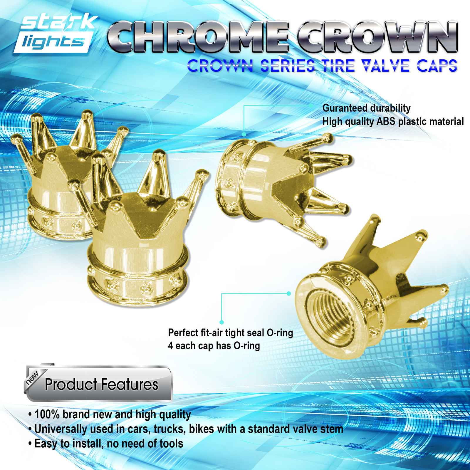 Gold Crown Tire Wheel Stem Air Valve Caps Car Truck Hot Rod Bike US ...