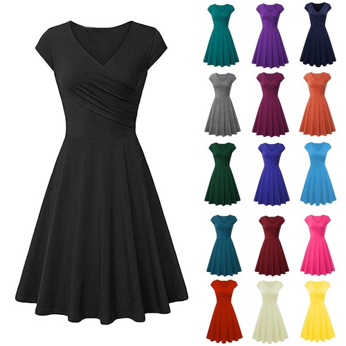 Fashion Women Solid Color Dress V-Neck Short Sleeve Evening Party ...