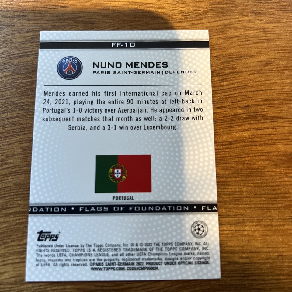 Nuno Mendes RC 2022 Topps UEFA Champions League "Flags Of Foundation "# ...