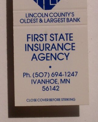 1980s? First State Insurance Ivanhoe MN Lincoln Co Matchbook Minnesota ...