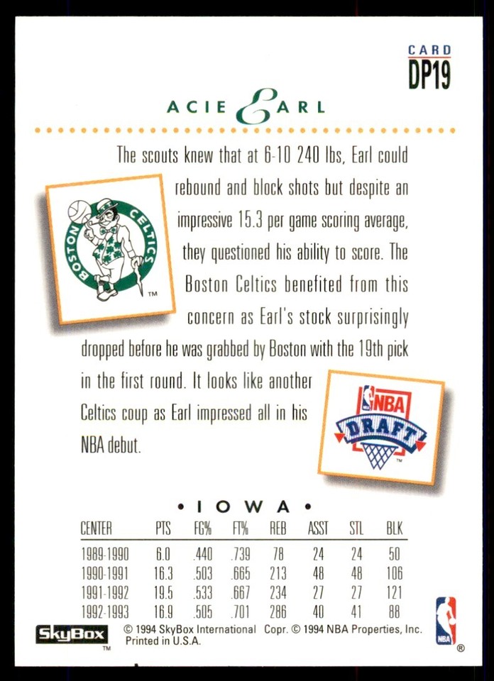 1993-94 SkyBox Basketball Card Acie Earl Boston Celtics #DP19 | eBay
