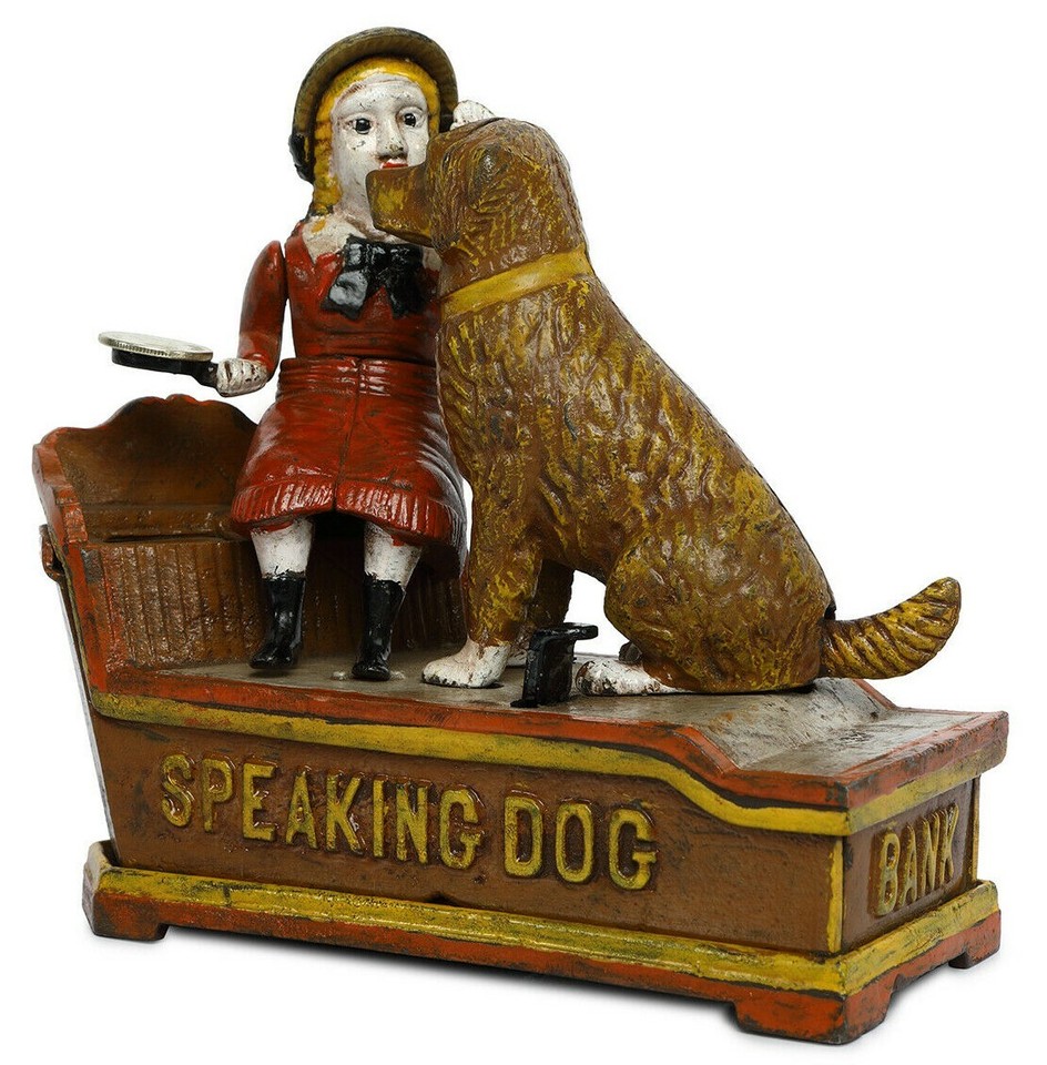 Antique / Vintage Style Cast Iron Mechanical Speaking Dog Money Bank ...