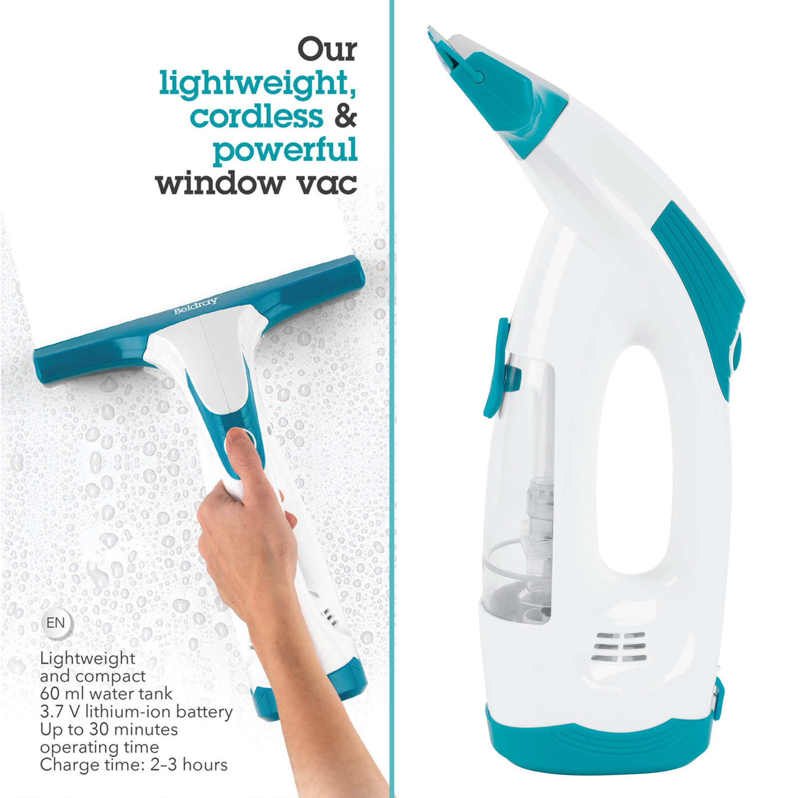 Beldray Cordless Window Vac Rechargeable Vacuum Cleaner Squeegee Blue 60ml 10W | eBay