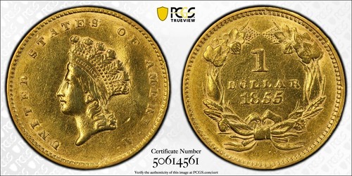 1855 G$1 PCGS XF DETAIL 1855 TYPE 2 GOLD DOLLAR INDIAN PRINCESS SMALL ...