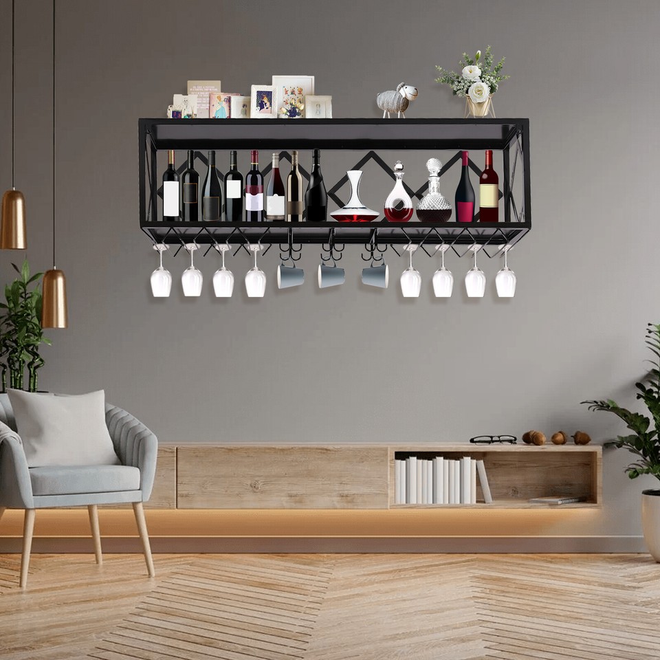 Bar Floating Shelves Unit Wall-Mounted Wine Racks Inverted Wine Glass ...