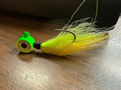 10 Big Eye Bucktail Jig Head chartreuse and yellow with flash. Walleye ...