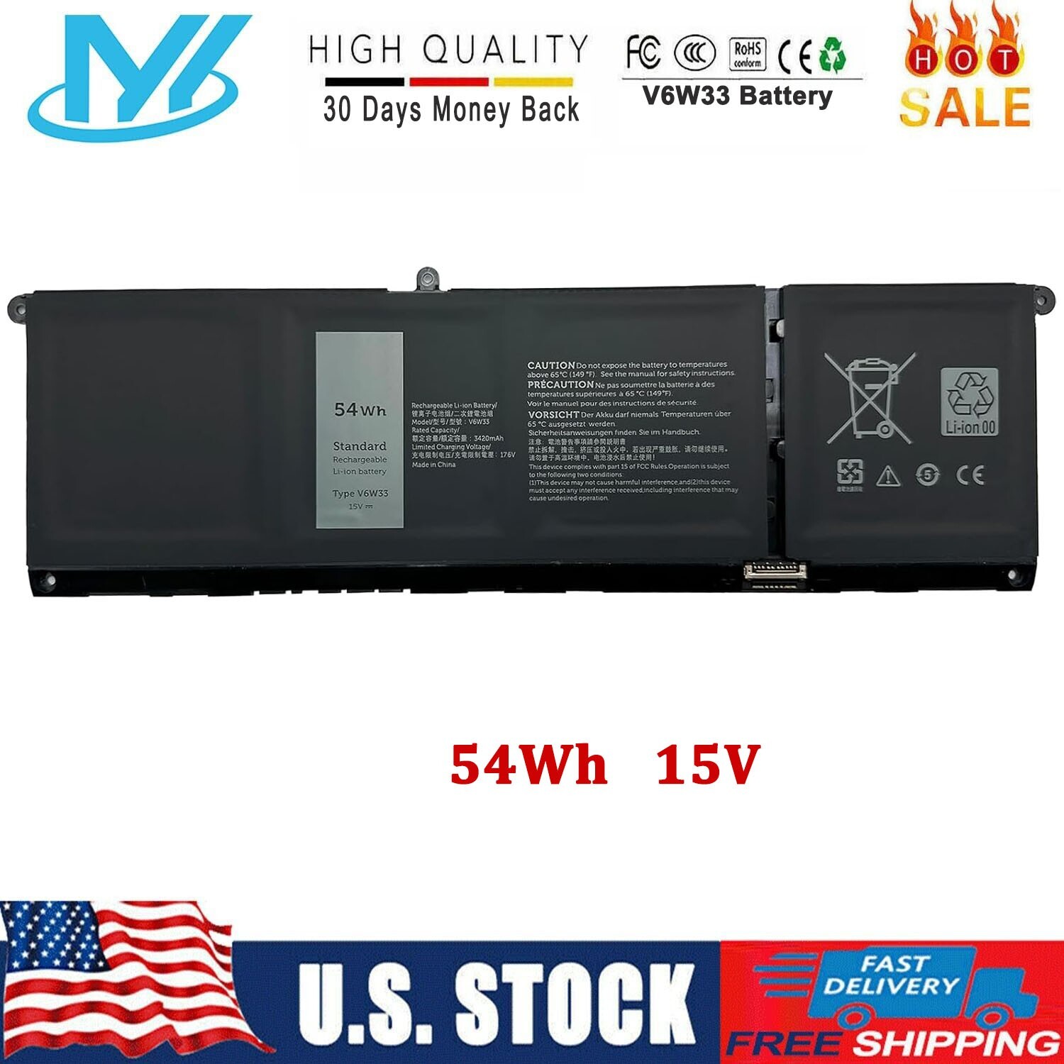 54Wh 15V V6W33 Battery For Dell Inspiron 3510 3511 3515 5310 5410 5418 ...