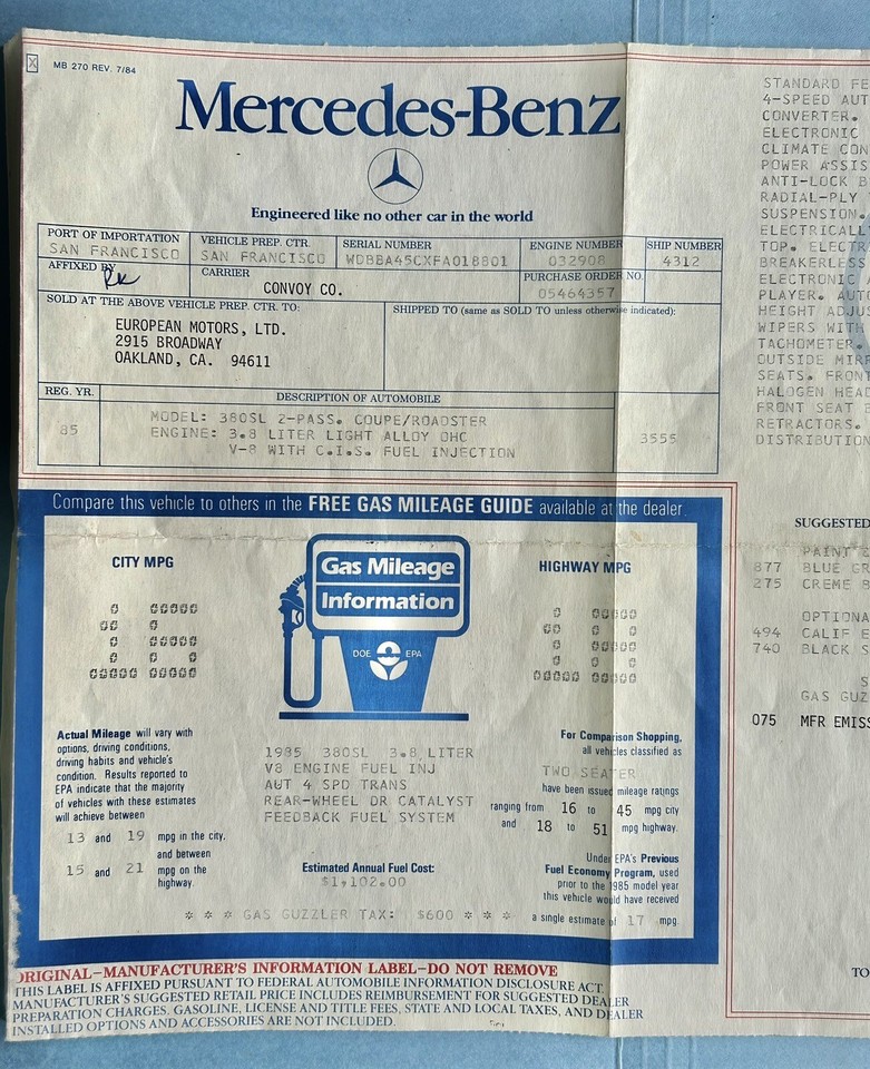Vintage 1985 MERCEDES-BENZ 380SL R107 DEALER INVOICE WINDOW STICKER ...