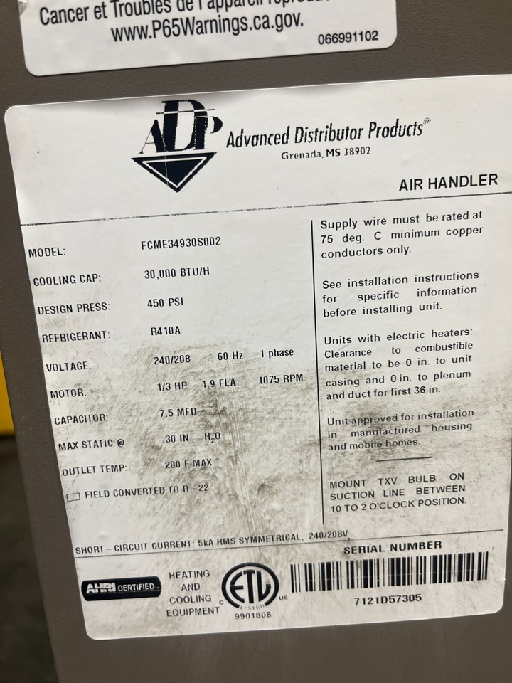 ADP / FCME34930S002 /2.5 Tons / 208-240 / 1PH / Air Handler | eBay