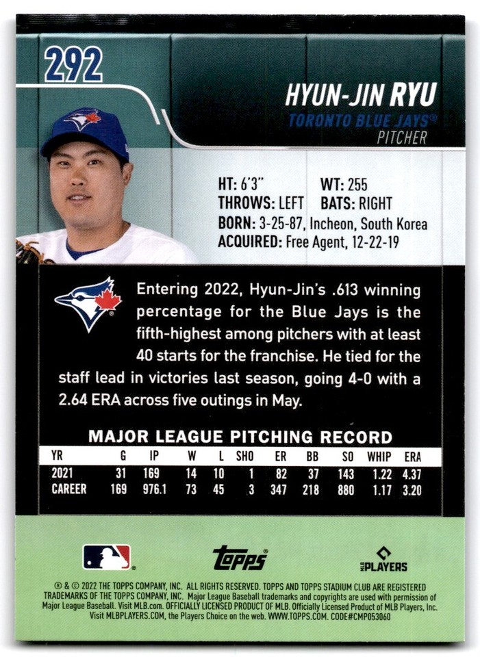 2022 Topps Stadium Club Hyun-Jin Ryu Toronto Blue Jays #292 | eBay