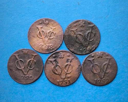 5 Pcs Set Year 1748 , 1749 , 1750 , 1751 & 1752 VOC 1 Duit New York ...