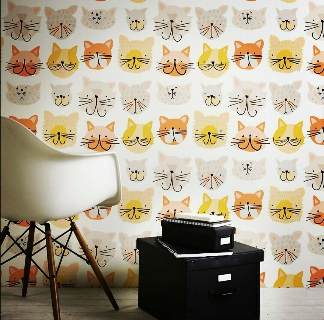 Multi Colour Cartoon Cats Wallpaper | eBay UK