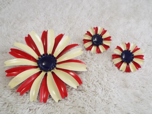 Red White Blue Enamel Flower Pin + Clip Earrings Set (G4) | eBay