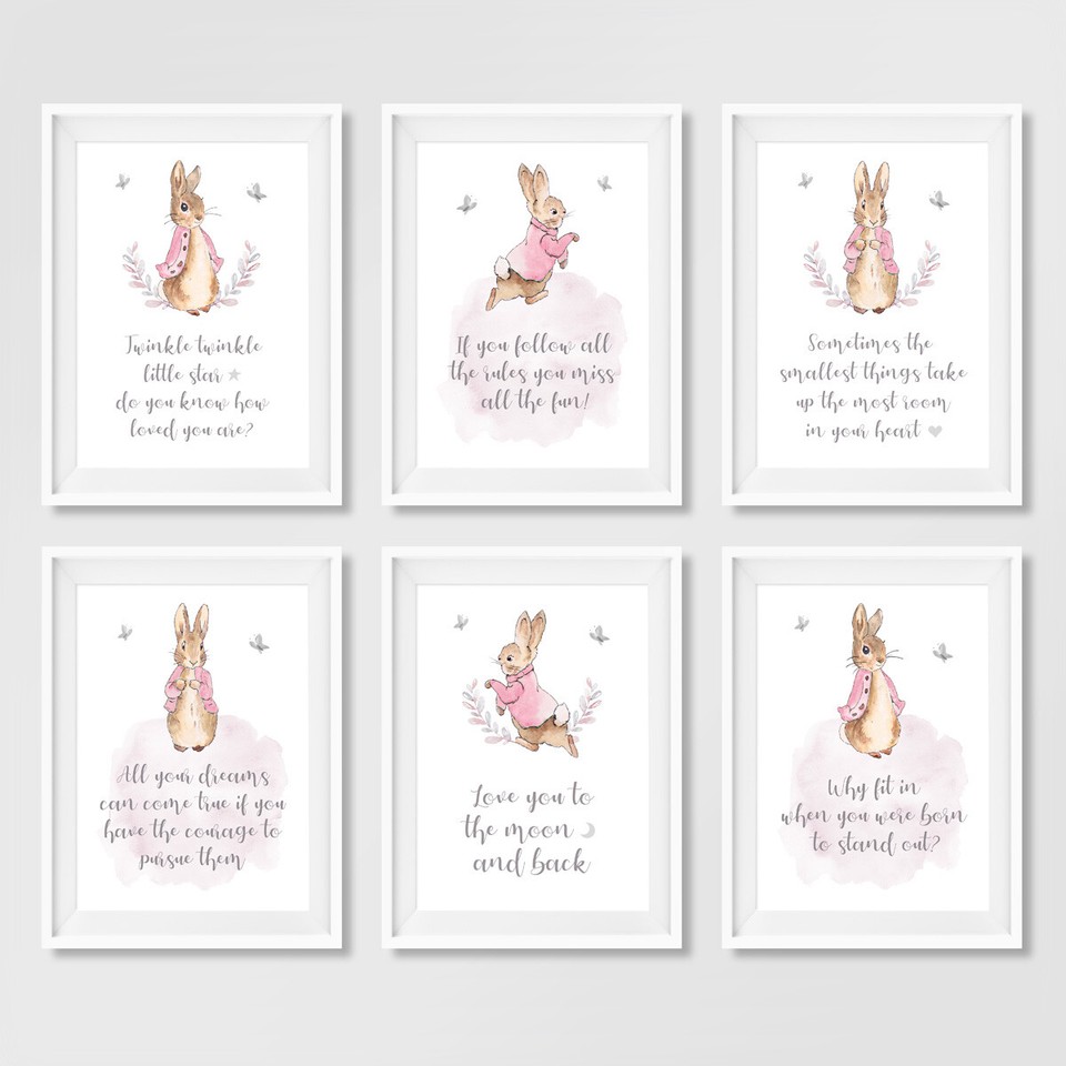 Pink Peter Rabbit Girls Nursery Wall Art Prints Childrens Bedroom ...