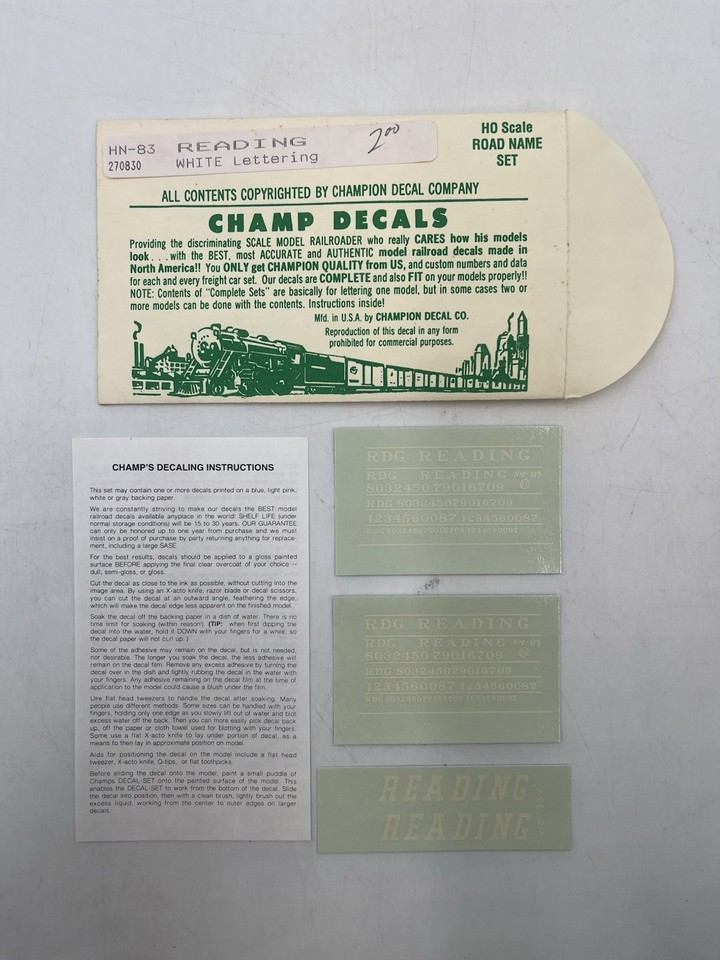 Ho Scale Champ Decals HM-83 Reading White Lettering 270830 | eBay