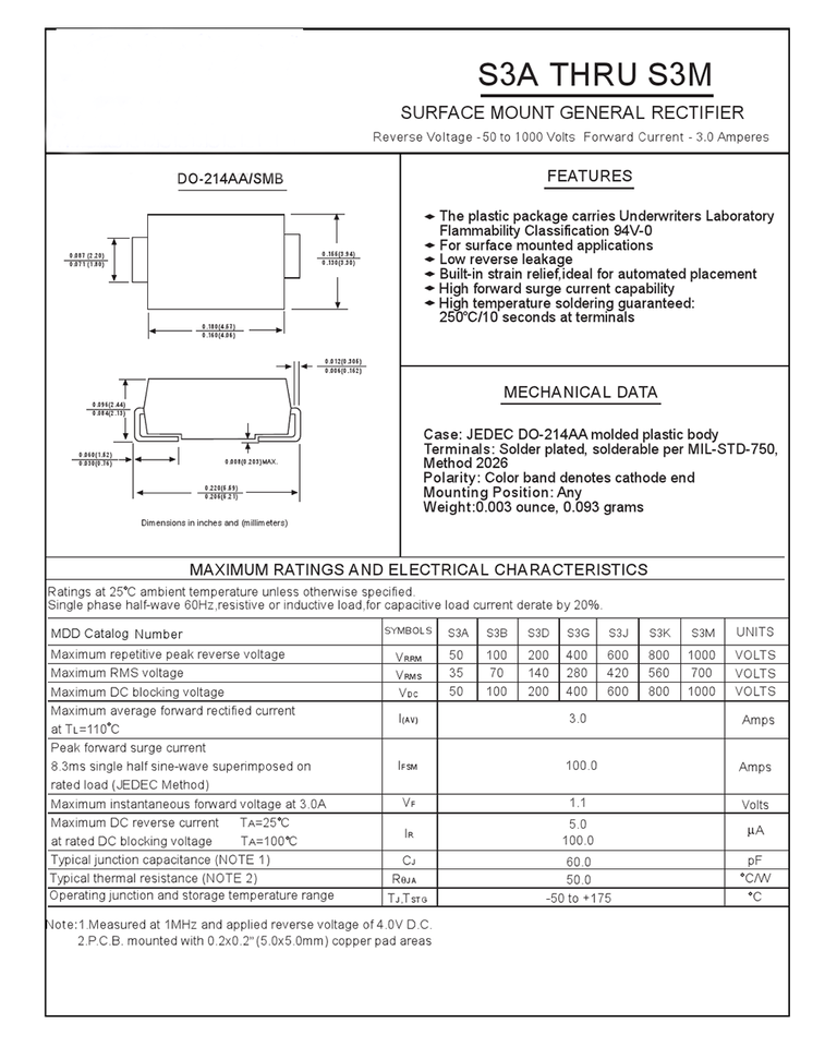 2A 3A 1000V General Purpose Diode S2M S3M SMB DO-214AA SMT Rectifier ...