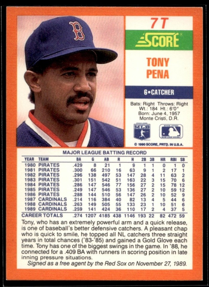 1990 Score Rookie & Traded Boston Red Sox #7T Tony Pena | eBay