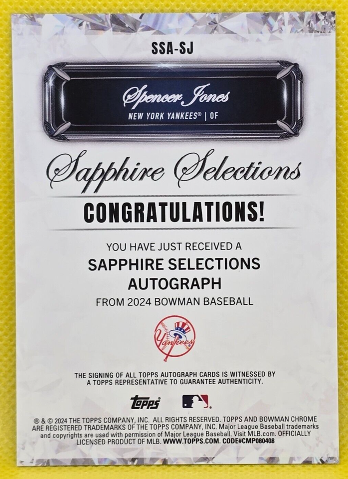 2024 Bowman Chrome Spencer Jones Sapphire Selections Autograph 49/50 NY ...