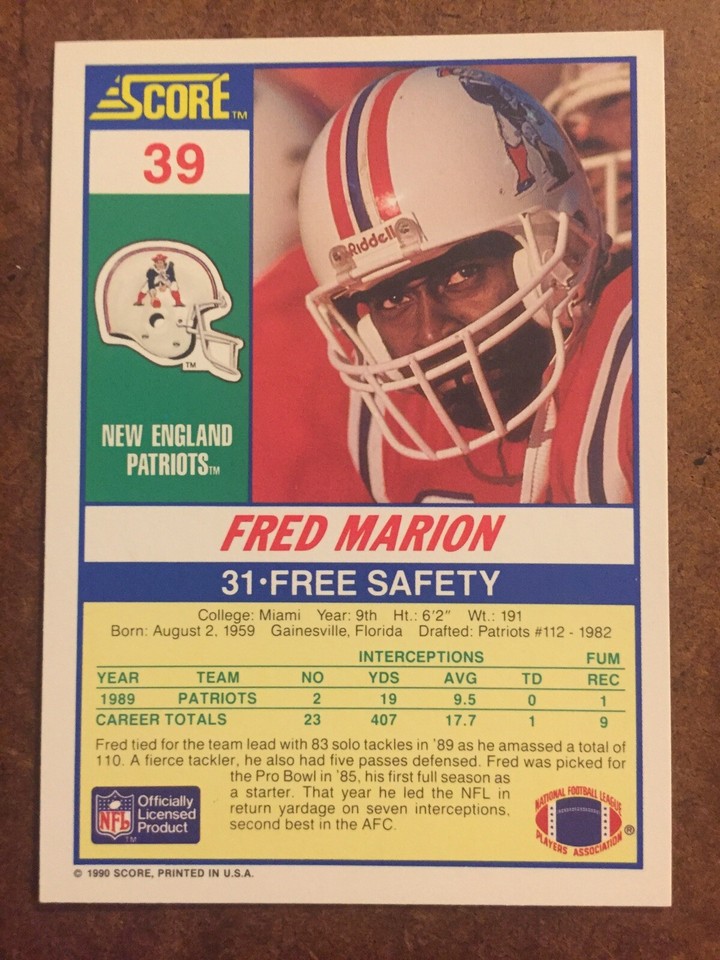 Fred Marion 39 Score 1990 NFL Football Trading Card | eBay