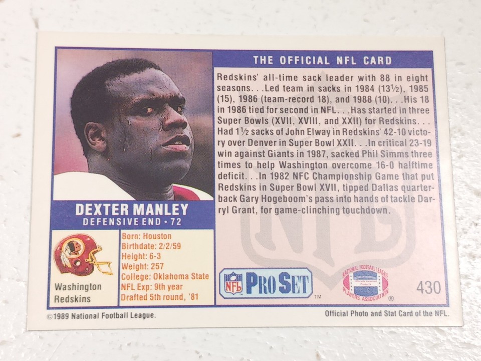 Dexter Manley Washington Redskins 1989 Pro Set Card #430 | eBay