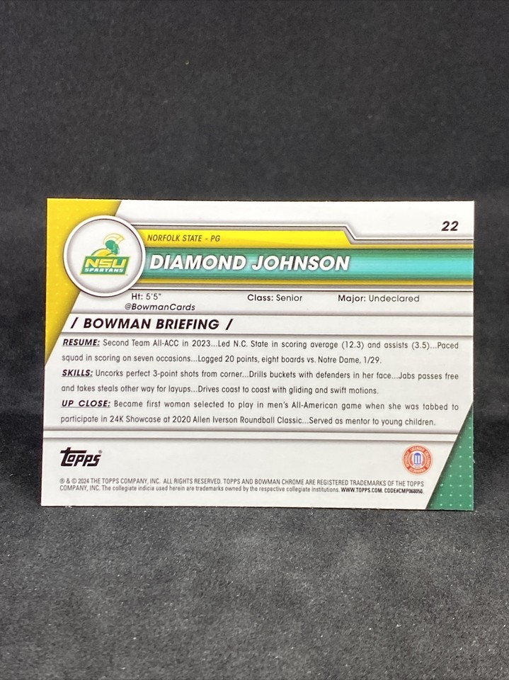 DIAMOND JOHNSON 2024 Bowman Chrome U Basketball 1st Bowman #22 NORFOLK ...