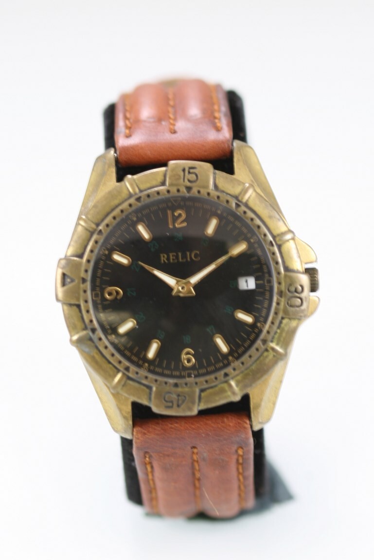 Relic Watch Men Gold Stainless Steel WR Brown Leather Date Black ...