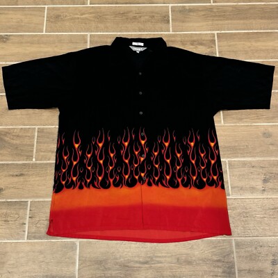 Vintage Y2K Red Flames Wrap-Around AOK Poker Camp Button Up Down Shirt ...