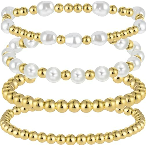 4 Pcs Pearl Gold Bracelet Stack Gold Plated Dainty Gold Pearl Bracelet ...