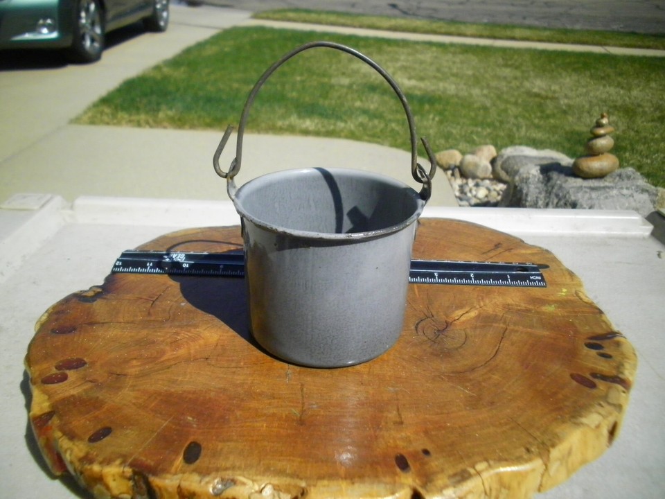 Antique / Primitive Childs Gray Enamel Graniteware Berry Pail Bucket 3. ...