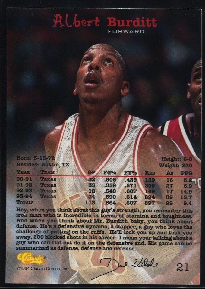 1994 Classic Games Basketball Albert Burditt #21 University Of Texas | eBay
