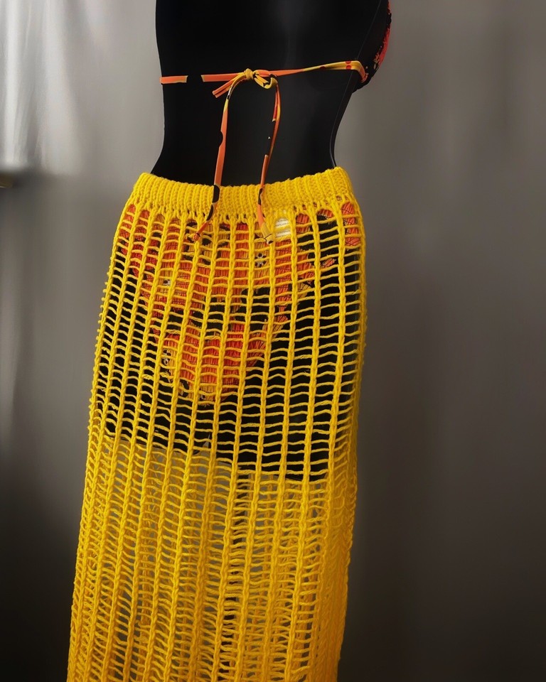Yellow Cutout Crochet Fishnet Long Maxi Skirt, Bathing Suit Cover Up | eBay