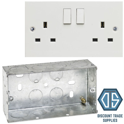 2 Gang White Twin Double Switched Wall Socket and 25mm Double Metal ...