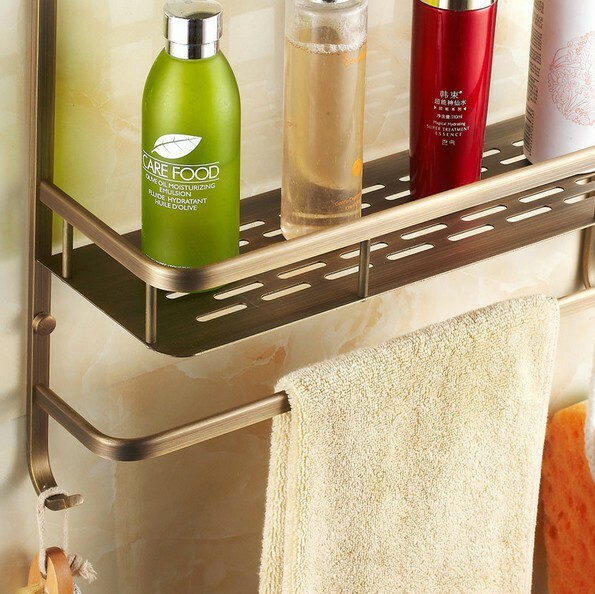 Antique Brass Wall Mounted Two-tier Bathroom Storage Rack with Hooks ...